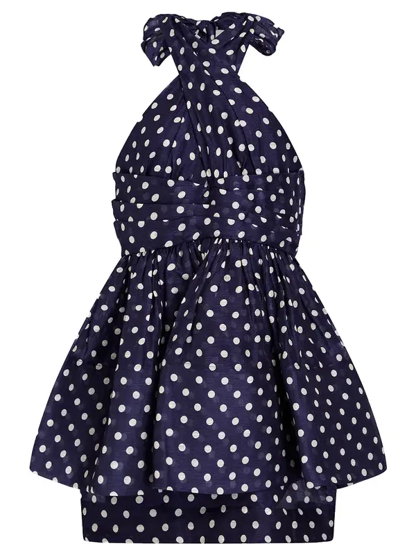 Zimmermann Polkadot Linen And Silk-blend Peplum Mini Halter Dress - Navy