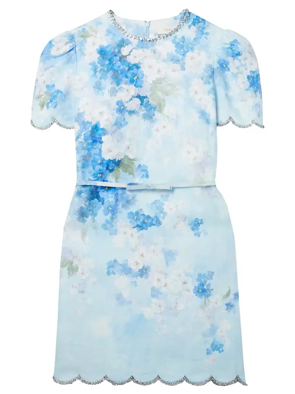 Zimmermann Crush Crystal-embellished Floral-print Linen Mini Dress - Blue