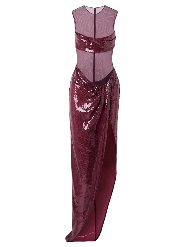 Alex Perry Asymmetric Paneled Draped Sequined Tulle Gown - Burgundy