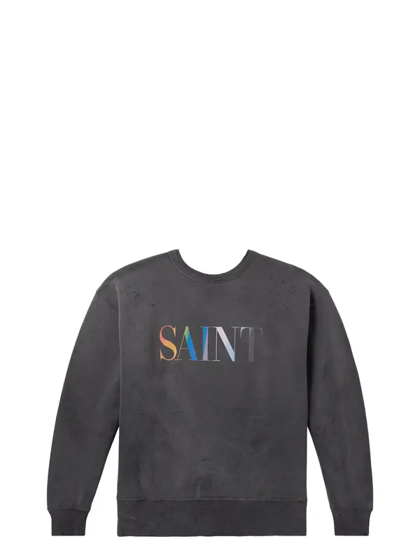 SAINT MXXXXXX Logo-print Distressed Cotton-jersey Sweatshirt - Gray