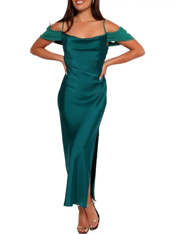 PETAL & PUP Reyna Off-the-shoulder Satin Maxi Dress - Emerald Green