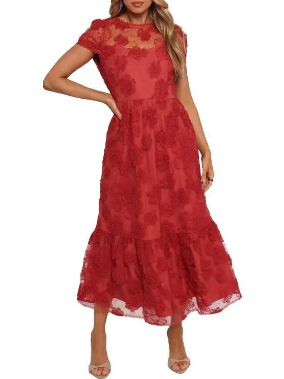 PETAL & PUP Abbey Floral Lace Midi Dress - Wine