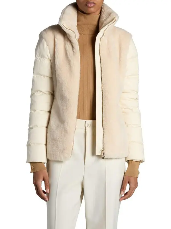 Moncler Oiron Down Puffer Jacket With Faux Fur Trim - Almond Milk