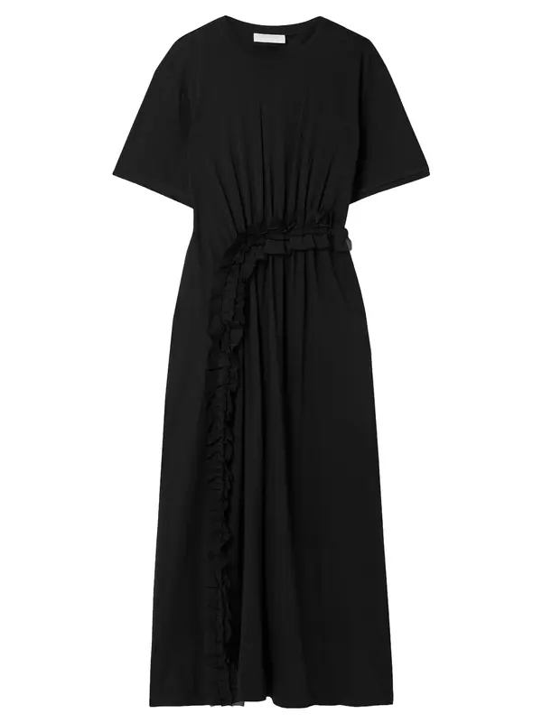 Ulla Johnson Lilia Crepon-trimmed Ruched Organic Cotton-jersey Midi Dress - Black