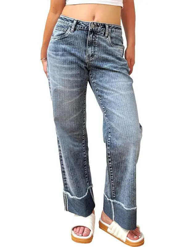HINT OF BLU Cuffed Ankle Wide Leg Jeans - Canyon Denim Stripes
