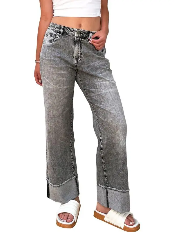 HINT OF BLU Cuffed Ankle Wide Leg Jeans - Powder Grey