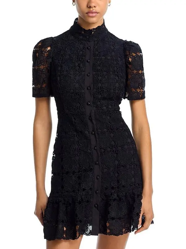 Aqua Floral Lace Mock Neck Mini Dress - Black
