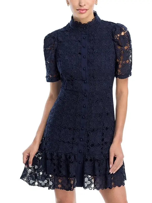 Aqua Floral Lace Mock Neck Mini Dress - Navy