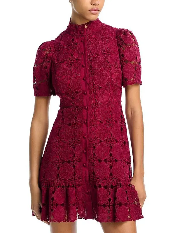 Aqua Floral Lace Mock Neck Mini Dress - Rust