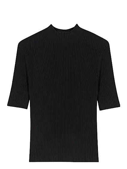 Maje High-neck Short-sleeve Stretch-cotton Jumper - Noir / Gris