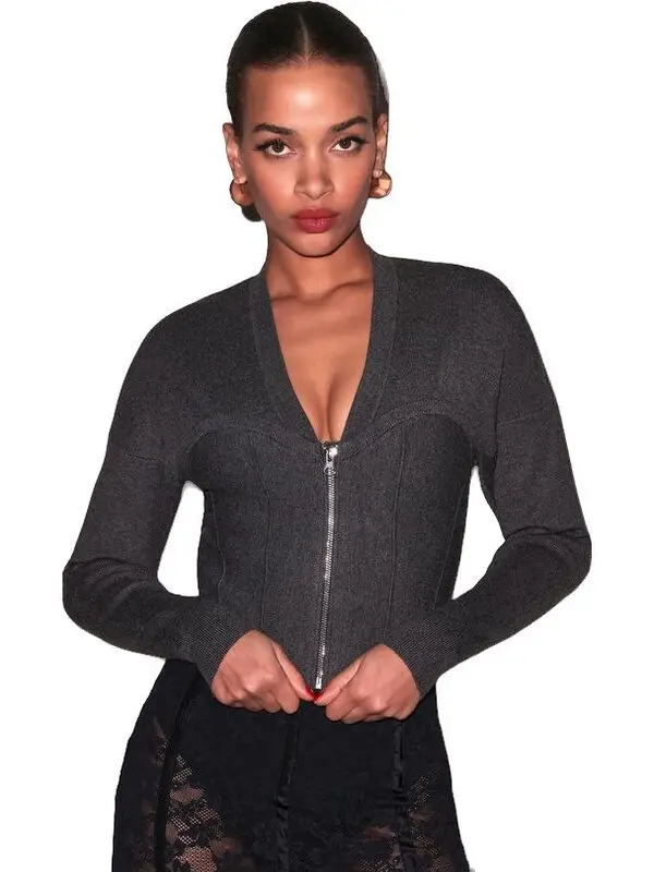 FLEUR DU MAL Knit Zip Bustier Cardigan - Gray