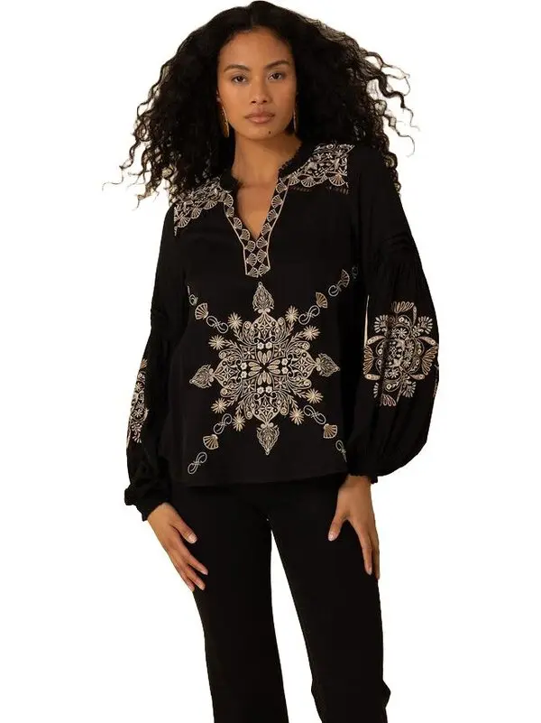 Hale Bob Elliott Embroidered Twill Blouse - Black