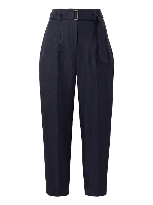 Brunello Cucinelli Belted Cropped Linen-twill Pants - Blue