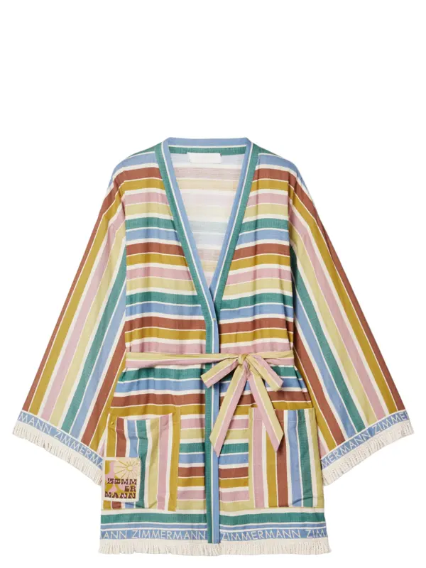 Zimmermann Everley Belted Fringed Striped Cotton-voile Robe - Multi
