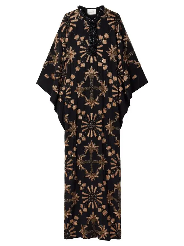 Johanna Ortiz Golden Hour Embellished Embroidered Silk Crepe De Chine Maxi Dress - Black