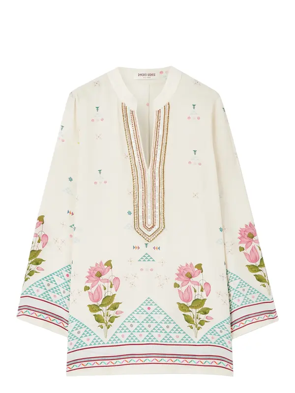 EMPORIO SIRENUSE Jamila Embellished Printed Silk-crepe Kaftan - White
