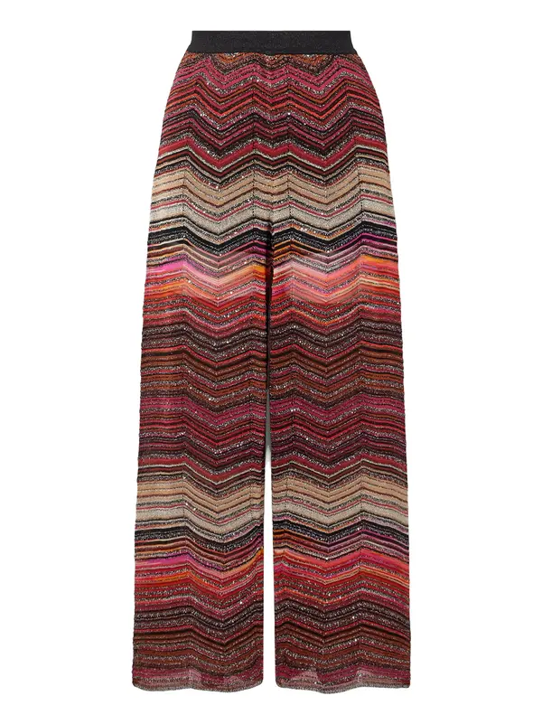 Missoni Sequined Striped Metallic Crochet-knit Wide-leg Pants - Burgundy