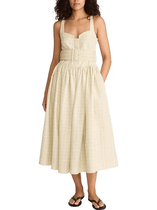 Rebecca Taylor Painterly Windowpane Belted Bustier Midi Dress - Sand Combo