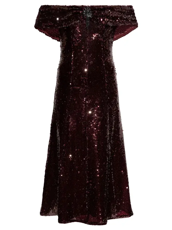 SELF-PORTRAIT Sequinned Off-shoulder Dress - Brown