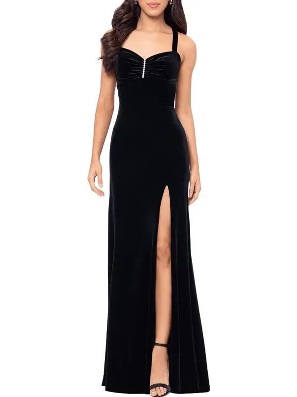 BLONDIE NITES Slit Velvet Gown - Black