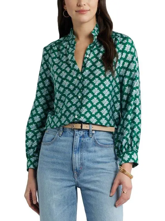 Caslon Ruffle Collar Button-up Shirt - Green- Blue Millie Tile