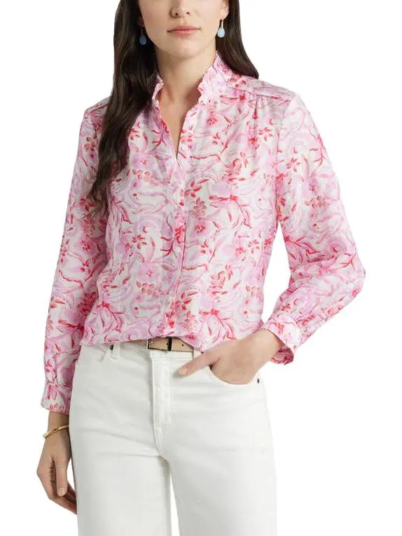 Caslon Ruffle Collar Button-up Shirt - Ivory- Pink Daisy Garden
