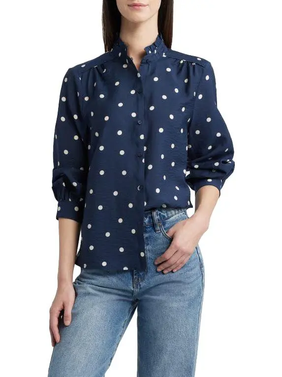 Caslon Ruffle Collar Button-up Shirt - Navy- Ivory Disorderly Dot