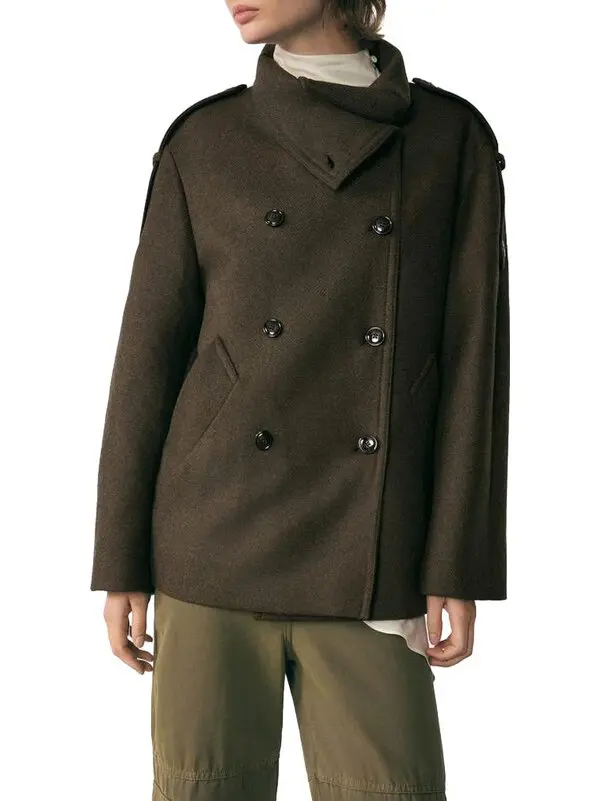 Mango Double-breasted Coat With Stand Collar - Khaki Brown