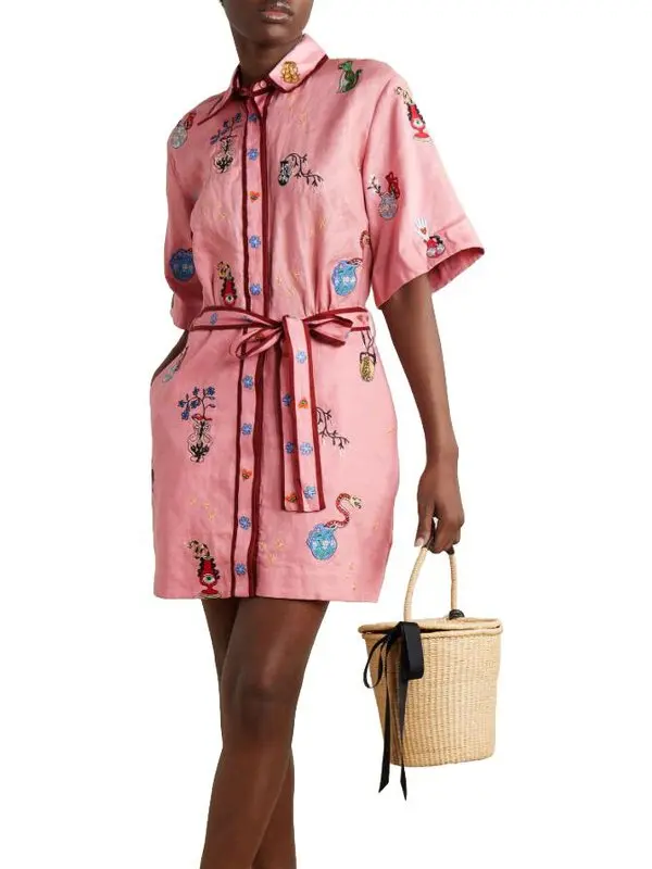 ALEMAIS Nadia Hernandez Timmy Belted Embroidered Printed Linen Mini Shirt Dress - Pink