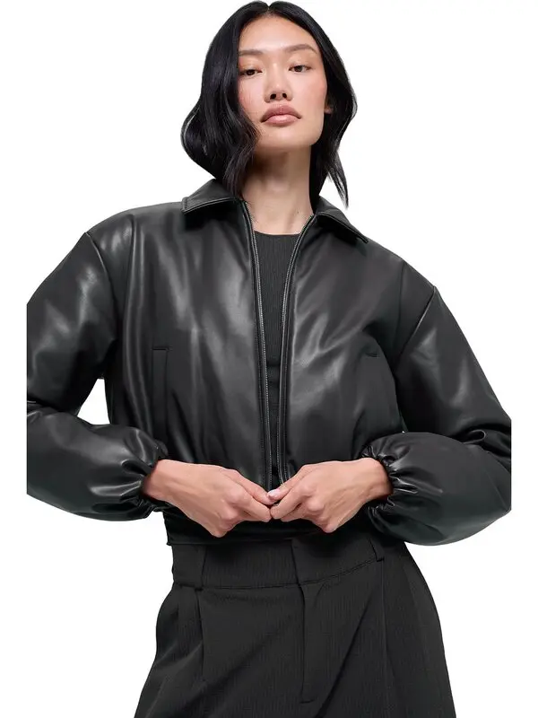 Alo Yoga Faux Leather Cropped Bomber Jacket - Black