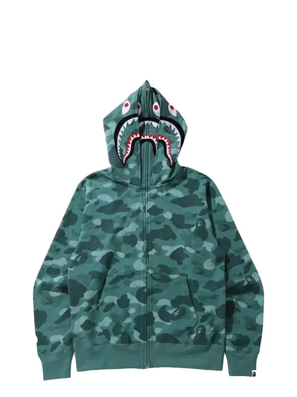 BAPE Camo Shark Wide Full Zip Double Hoodie - Green