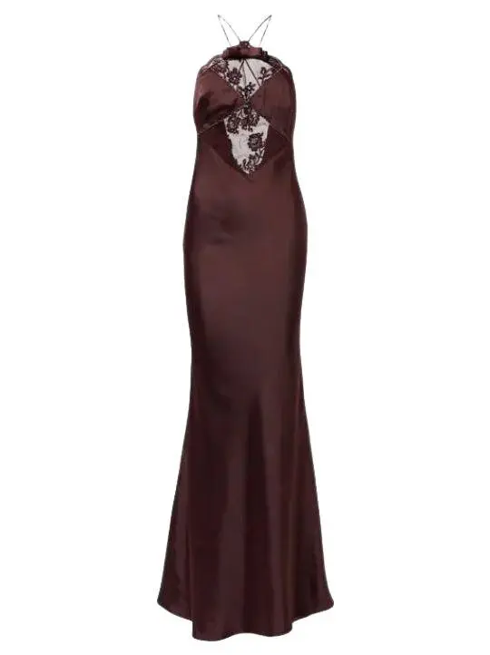 SELF-PORTRAIT Lace-trimmed Halterneck Gown - Brown