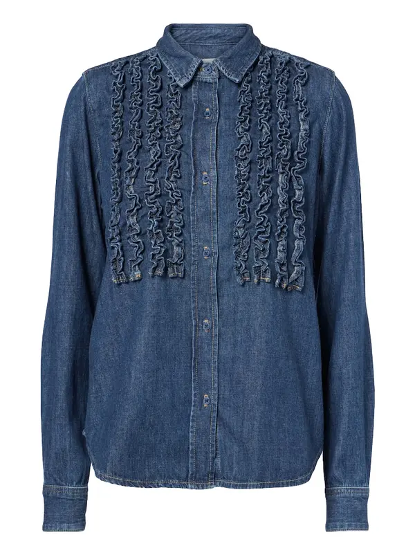 NILI LOTAN Lexa Ruffled Denim Shirt - Blue
