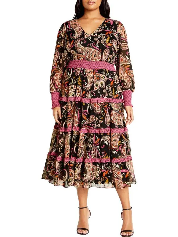 City Chic Gwendolyn Long Sleeve Tiered Dress - Peaceful Paisley