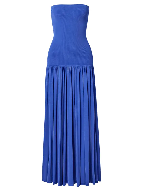 Zimmermann Maxine Strapless Ribbed Gathered Stretch-knit Maxi Dress - Blue