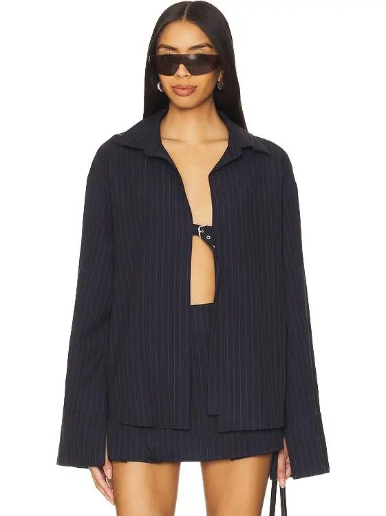 BY.DYLN Pinstripe Shirt With Front Buckle Closure - Navy