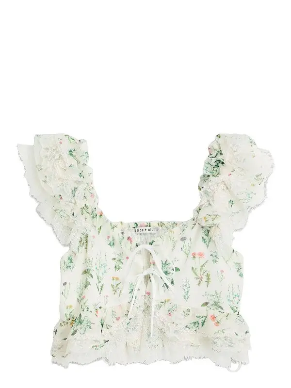 Alice + Olivia Alice Olivia Cropped Lace-trimmed Floral-print Crepe Top - Ivory