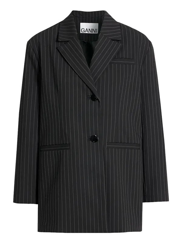 GANNI Oversized Pinstriped Crepe Blazer - Black