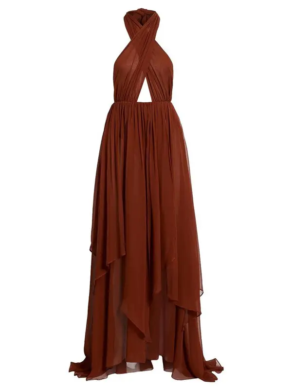 Retrofete Ina Cutout Silk-chiffon Halterneck Maxi Dress - Brown