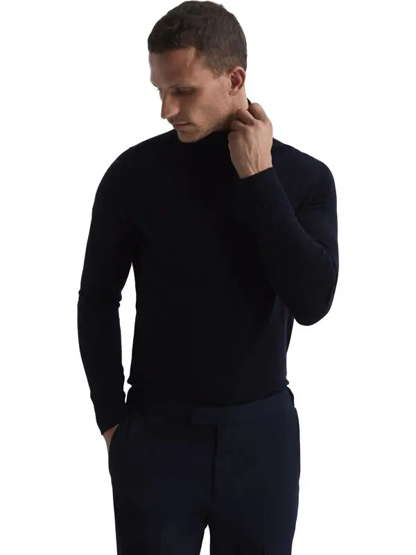 REISS Caine Slim Fit Merino Wool Roll Neck Jumper - Navy