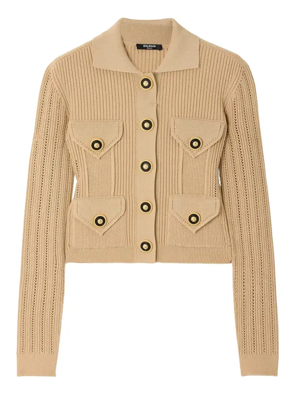 Balmain Ribbed Pointelle-knit Cardigan - Neutrals