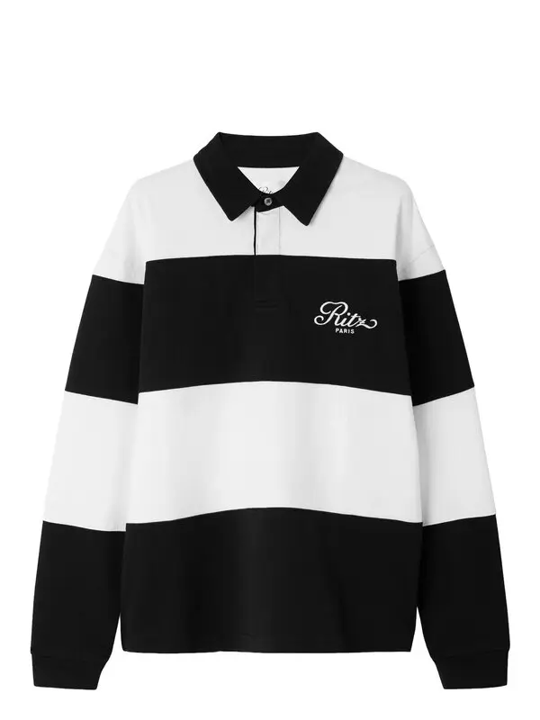 FRAME Ritz Paris Embroidered Striped Cotton-jersey Polo Shirt - Black