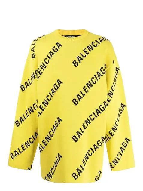 Balenciaga All Over Logo Knit Oversized Crewneck Sweatshirt - Yellow/black