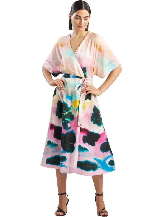 Natori Akiko Printed Cotton Silk Twill Kimono Wrap - Multi