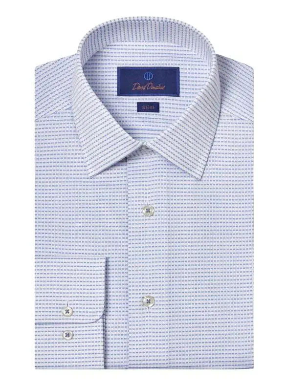 David Donahue Slim Fit Neat Cotton Dobby Dress Shirt - White/ Blue