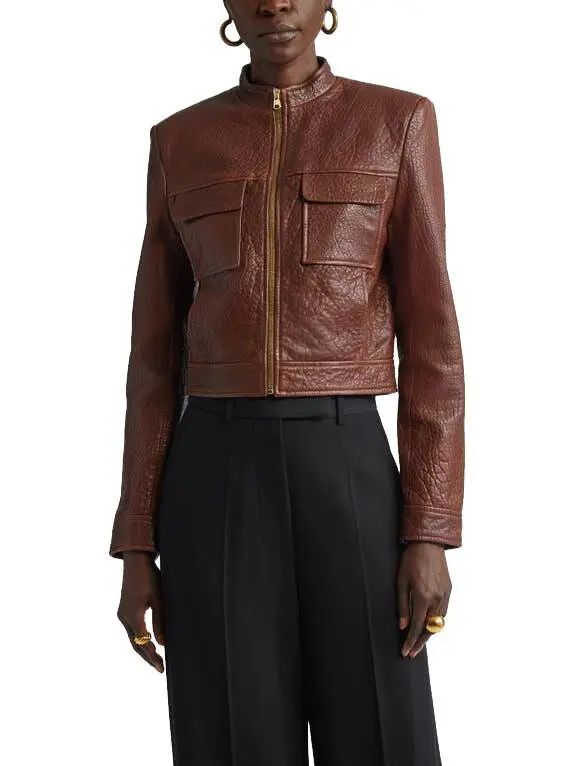 St. John Crinkled Leather Moto Jacket - Redwood