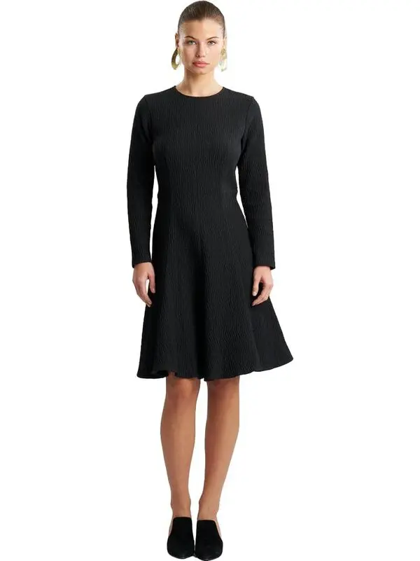 Natori Textured Cotton Jacquard Fluted Hem Midi Dress - Black