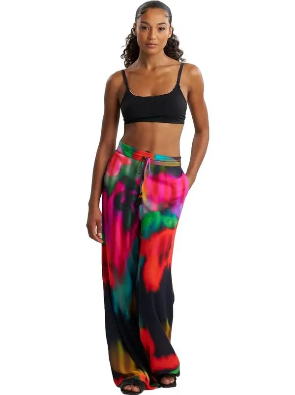 Natori Floral Mirage Printed Rayon Pants With Tassel - Black