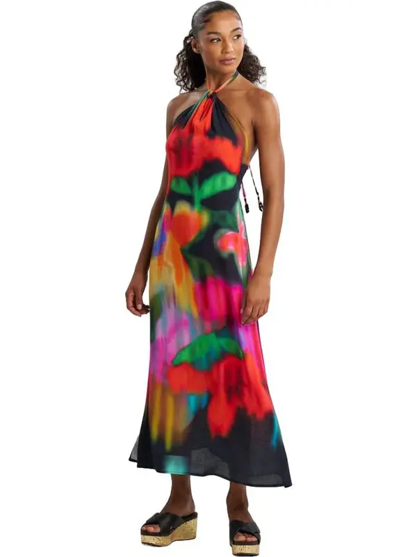 Natori Floral Mirage Printed Rayon Halter Dress With Tassel - Black