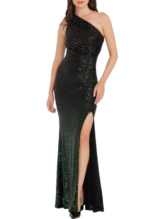 Dress The Population Sariah Sequin One-shoulder Gown - Pine Multi